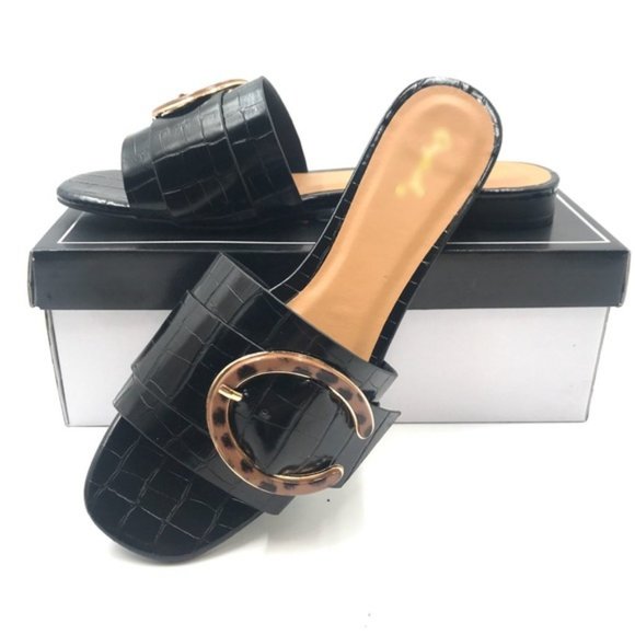 Shoes | Black Croc Slides With Tortoise Shell Buckle | Poshmark
